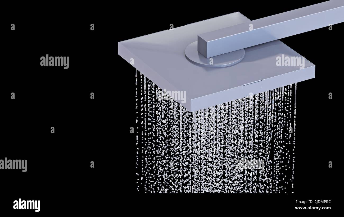 Metal shower with water on on black background. Top view. 3d rendering ...