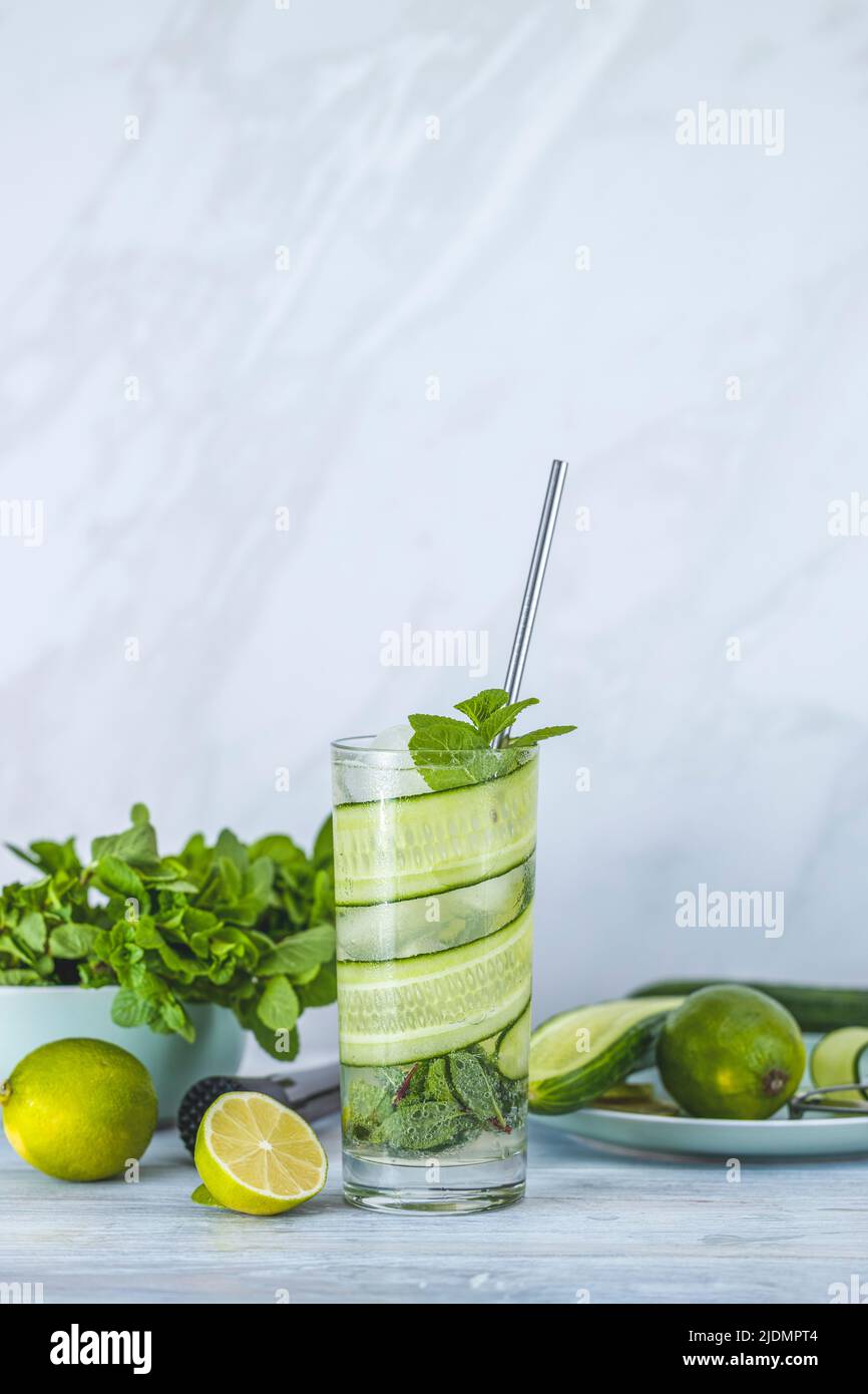 Detox cocktail with mint, cucumber and lime or mojito cocktail in ...
