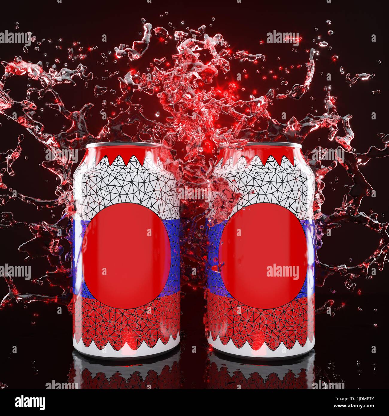 Two tin cans with tricolor pattern sprayed with a stream of water with ...
