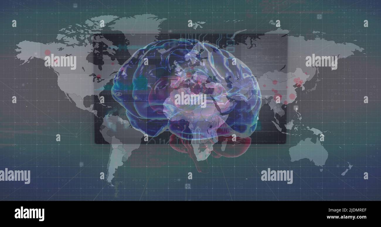Image of data processing and world map over brain Stock Photo - Alamy