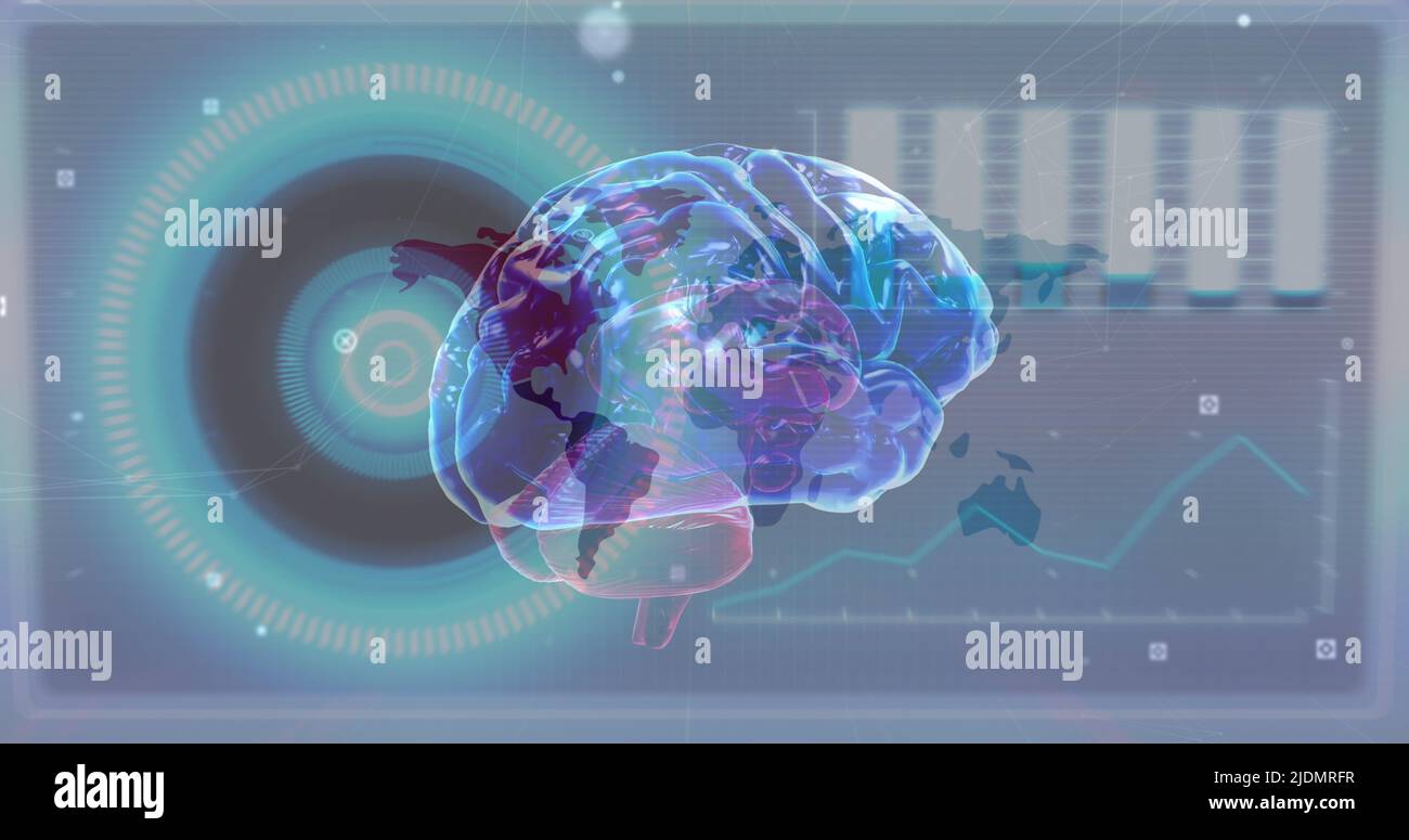 Image of human brain, data processing over world map Stock Photo - Alamy
