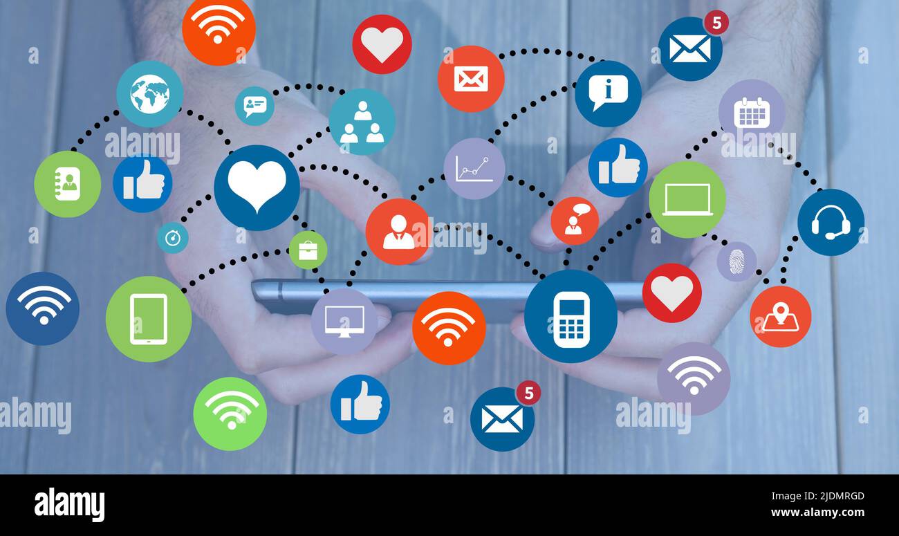 Image of network of connections with icons over person using smartphone ...