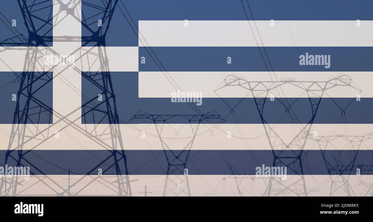 Image of flag of greece over pylons Stock Photo - Alamy