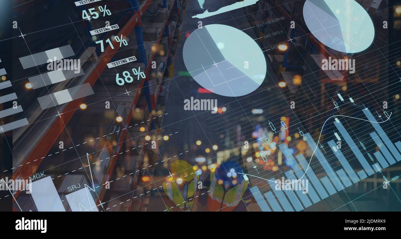 Image of graphs and financial data over caucasian male warehouse ...
