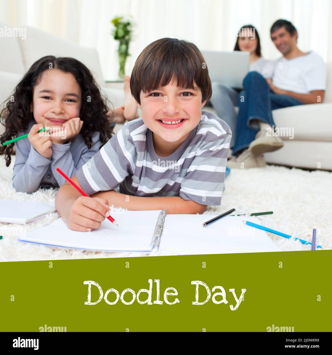 Composite of portrait of happy caucasian children doodling in books at ...