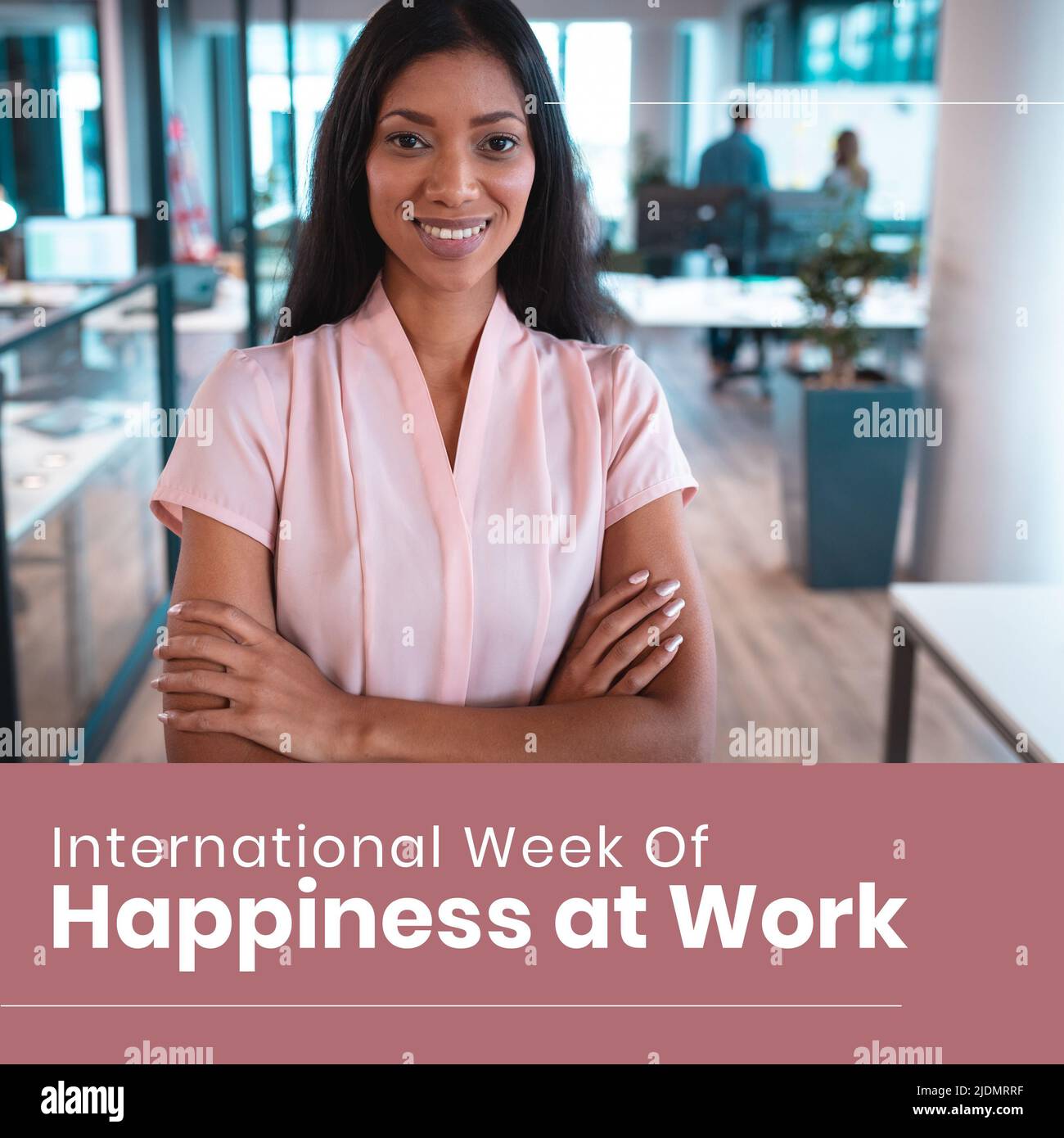 Portrait of young female biracial employee, international week of happiness at work text Stock ...