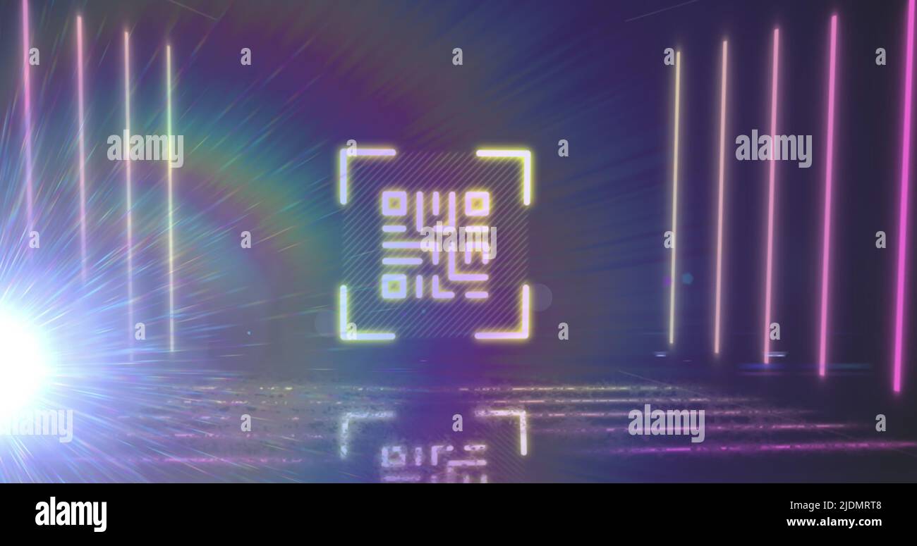 Image of neon qr code with lines and light trails over black background ...