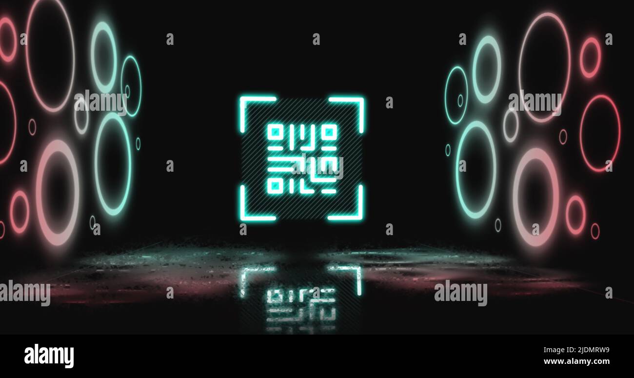 Image of neon qr code with circles over black background Stock Photo ...