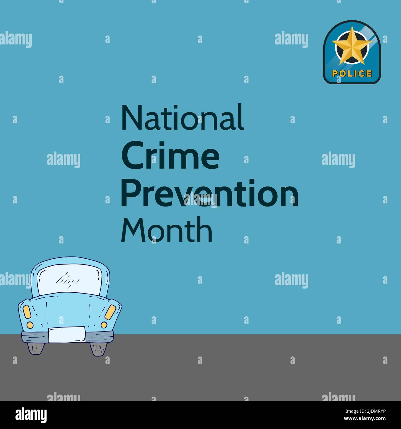 Illustration of police badge with national crime prevention month text ...