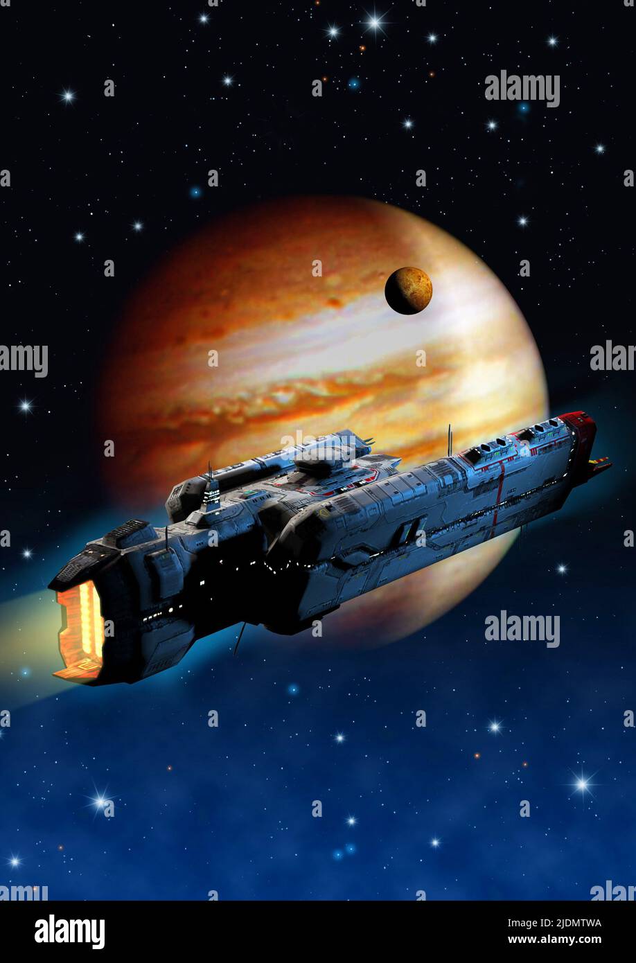 futuristic scenery, spaceship flying near planet jupiter, 3d rendering ...