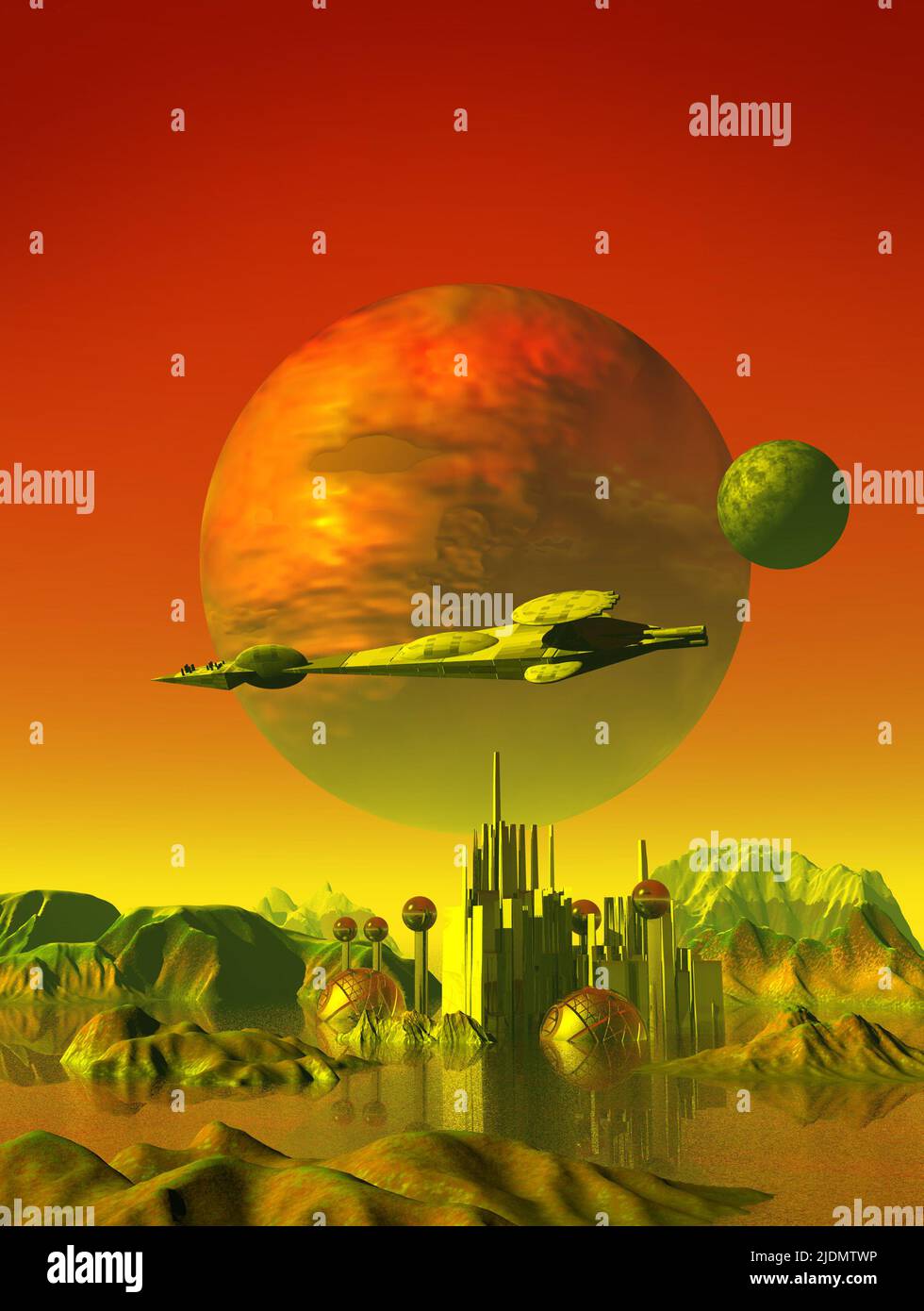 alien landscape, spaceship exploring a planet with sea, space base and ...