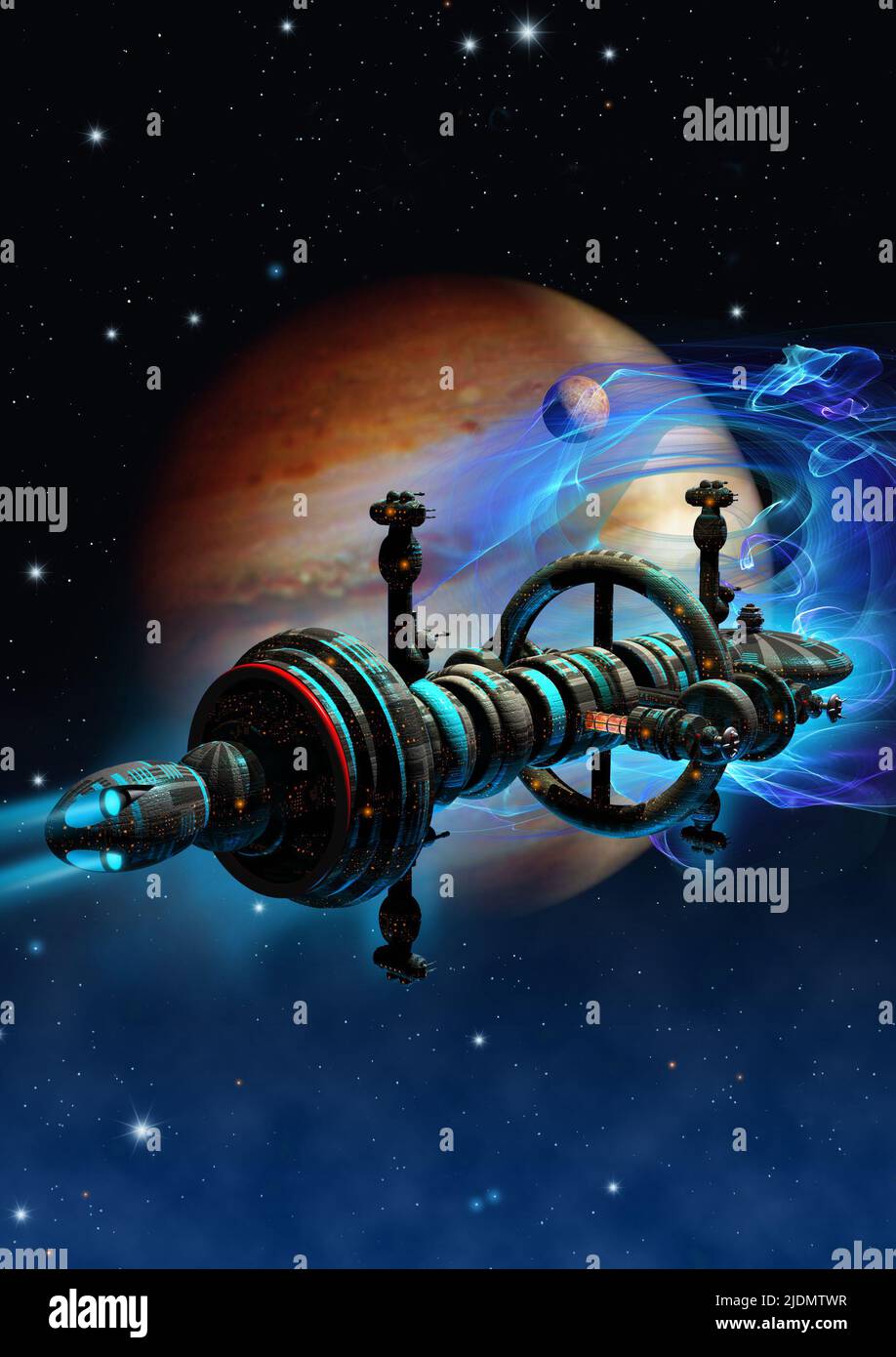 futuristic scenery, spaceship flying near planet jupiter, 3d rendering ...