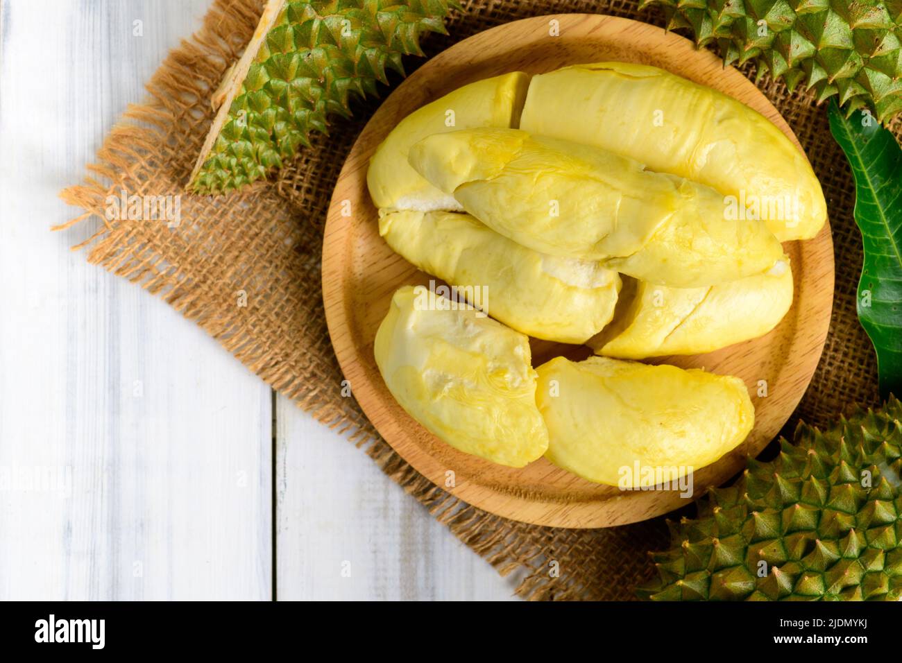 Top view of Long Laplae Durian on wood plate,It is the most expensive ...