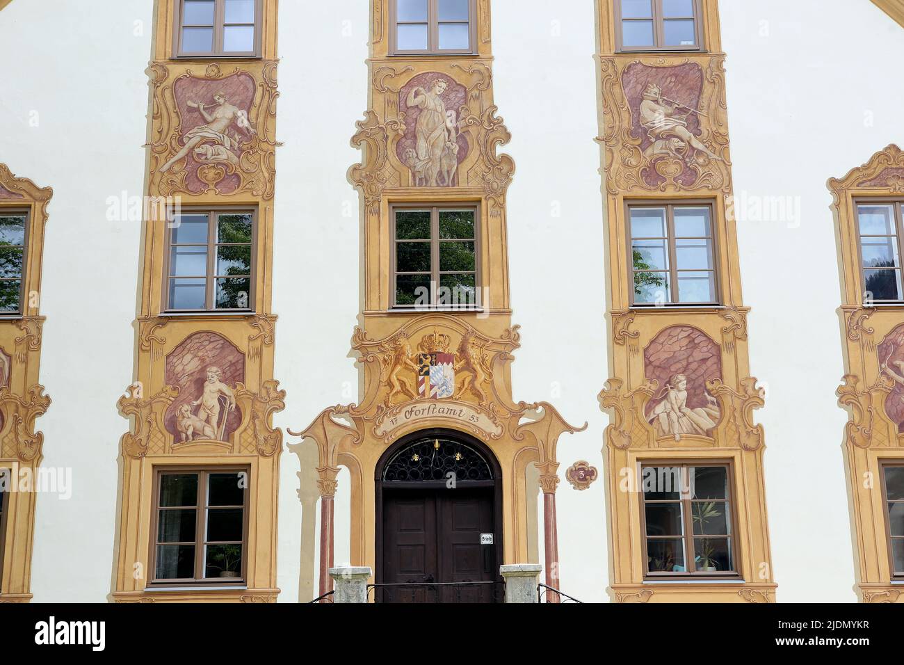 Mural paintings on houses facades in the streets of Oberammergau ...