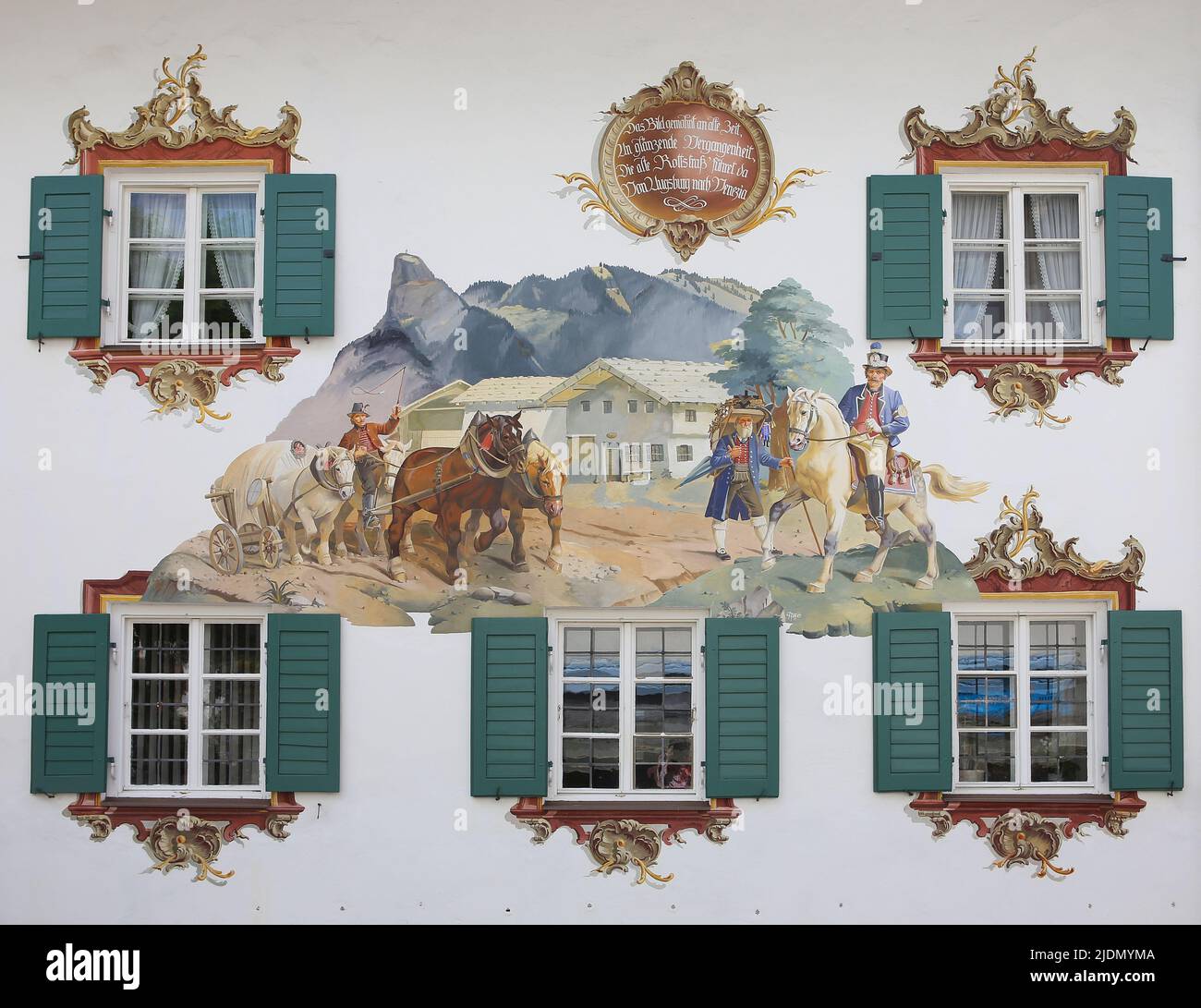 Mural paintings on houses facades in the streets of Oberammergau ...