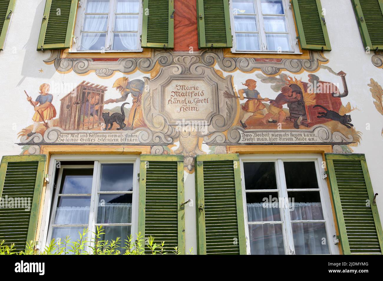 Mural paintings on houses facades in the streets of Oberammergau ...