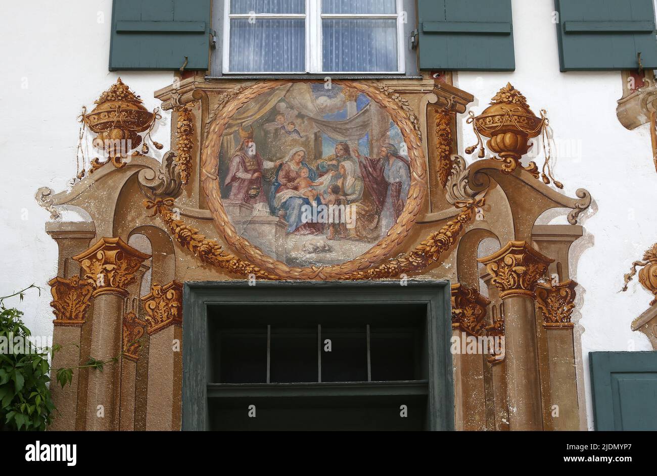Mural paintings on houses facades in the streets of Oberammergau ...