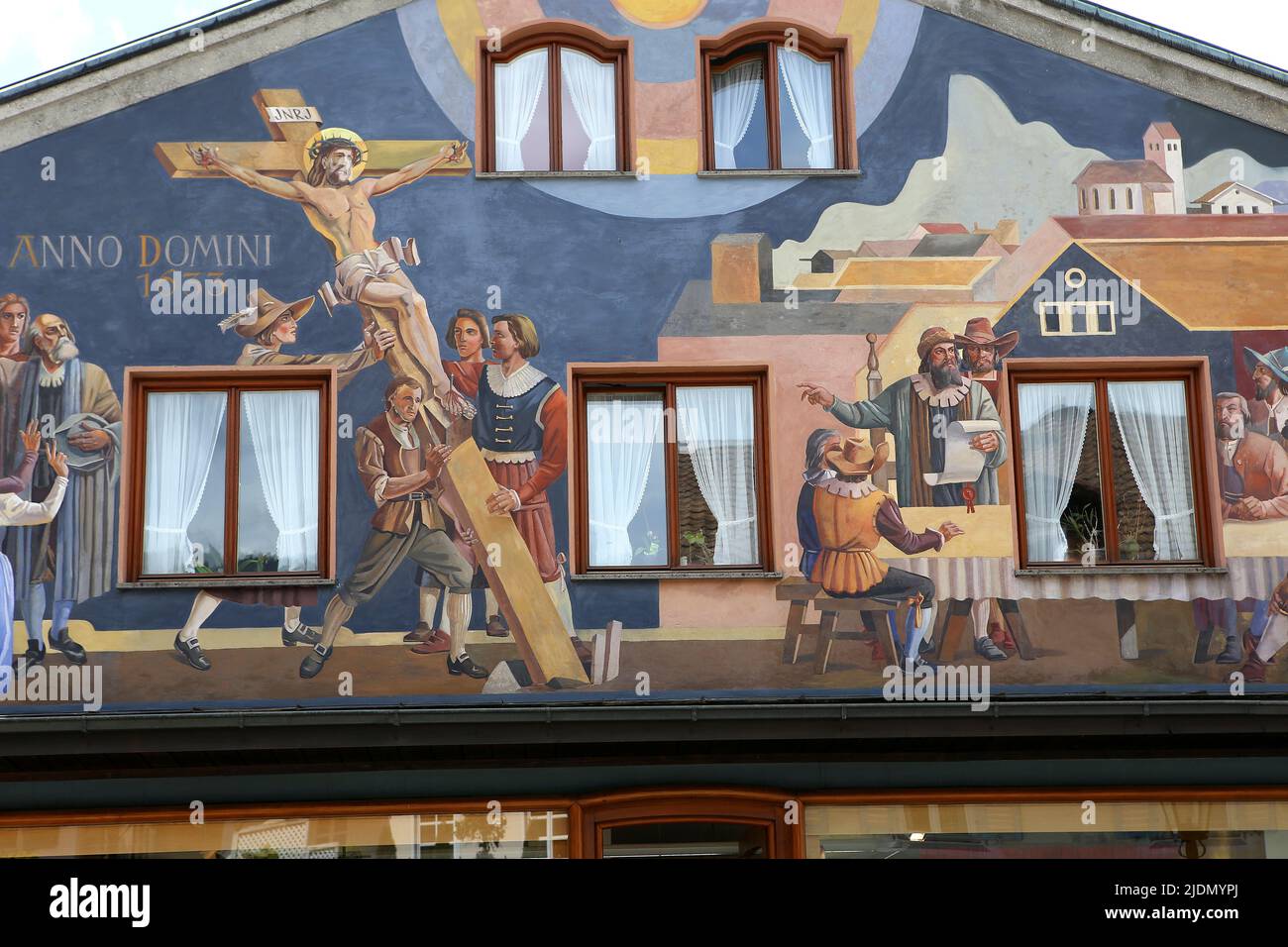 Mural paintings on houses facades in the streets of Oberammergau ...