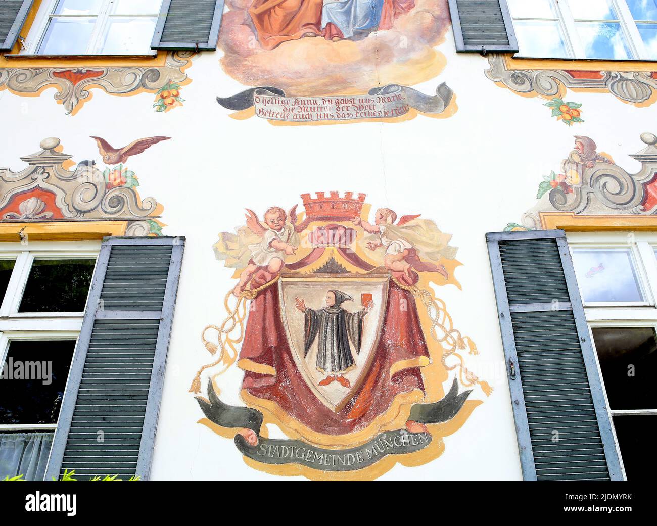 Mural paintings on houses facades in the streets of Oberammergau ...