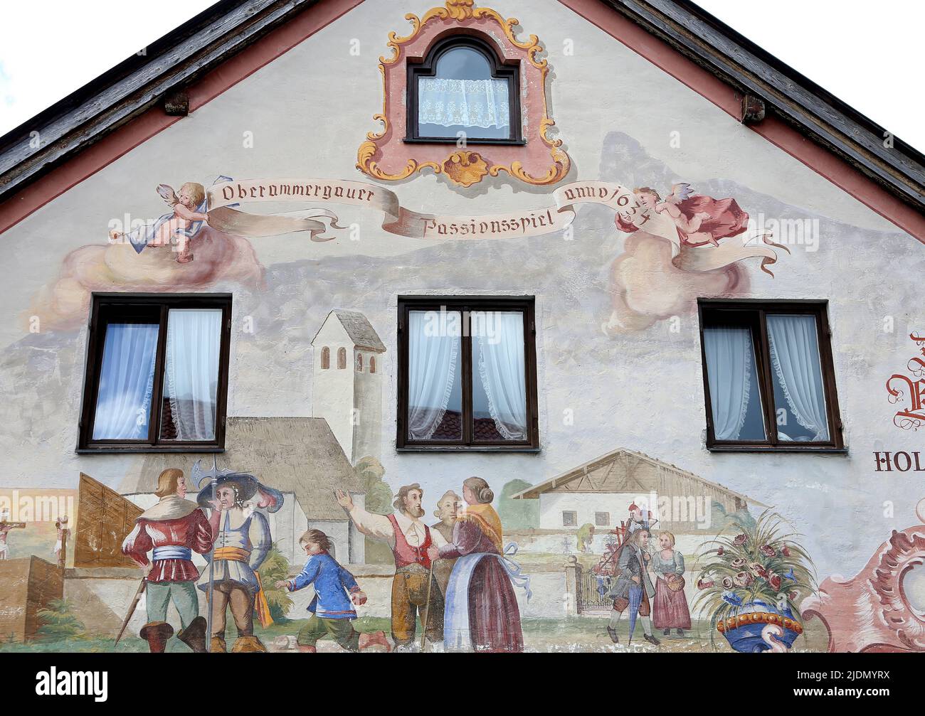 Mural paintings on houses facades in the streets of Oberammergau ...