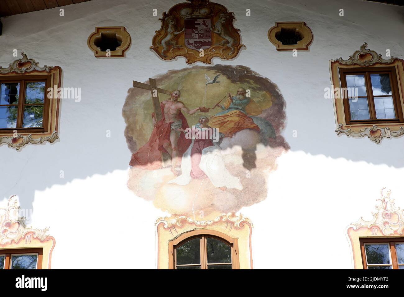 Mural paintings on houses facades in the streets of Oberammergau ...