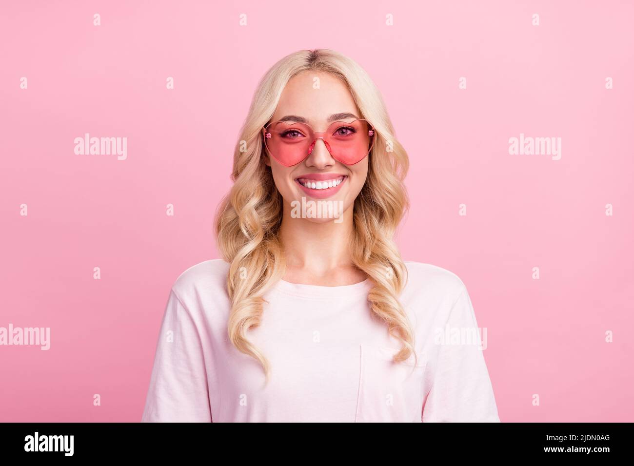 Photo of sweet millennial blond lady wear spectacles t-shirt isolated ...