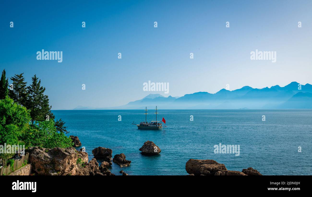 Antalya, Turkey. Sailing Ship For Sea Tours. Mediterranean landscape ...