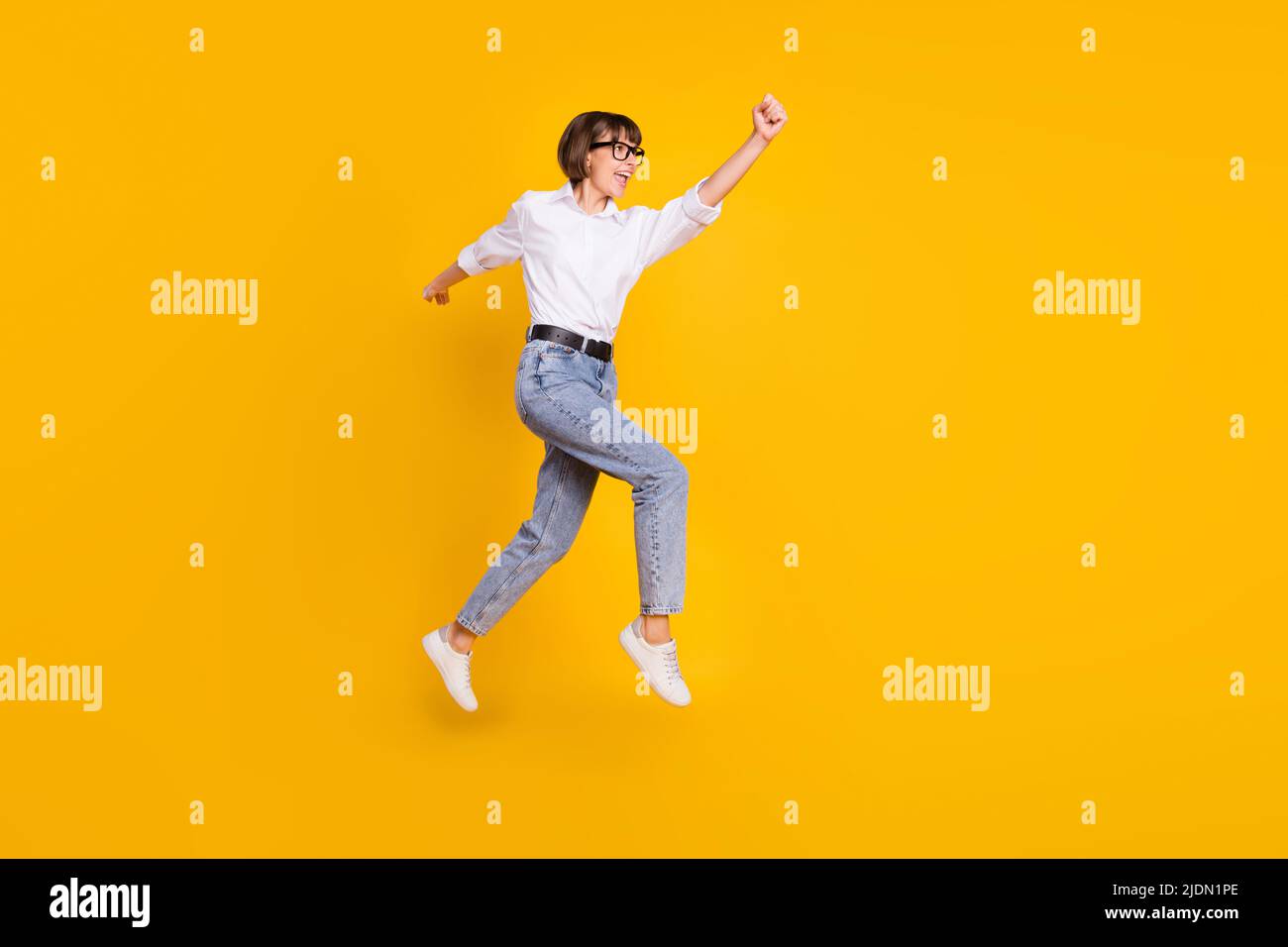 Profile photo of savior lady jump run raise fist wear eyewear white ...