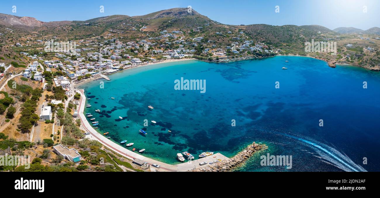 Panoramic aerial view of the bay and marina at Kini village Stock Photo ...