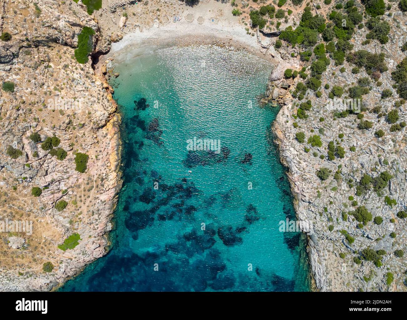 Aerial top view of the small beach of Armeas, Syros island Stock Photo ...