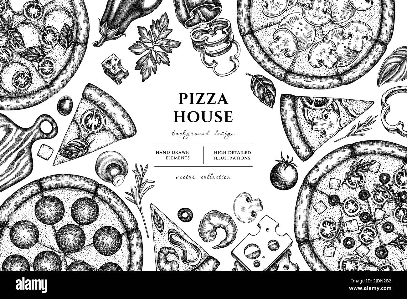 Pizza hand drawn illustration design. Background with sketch greek ...