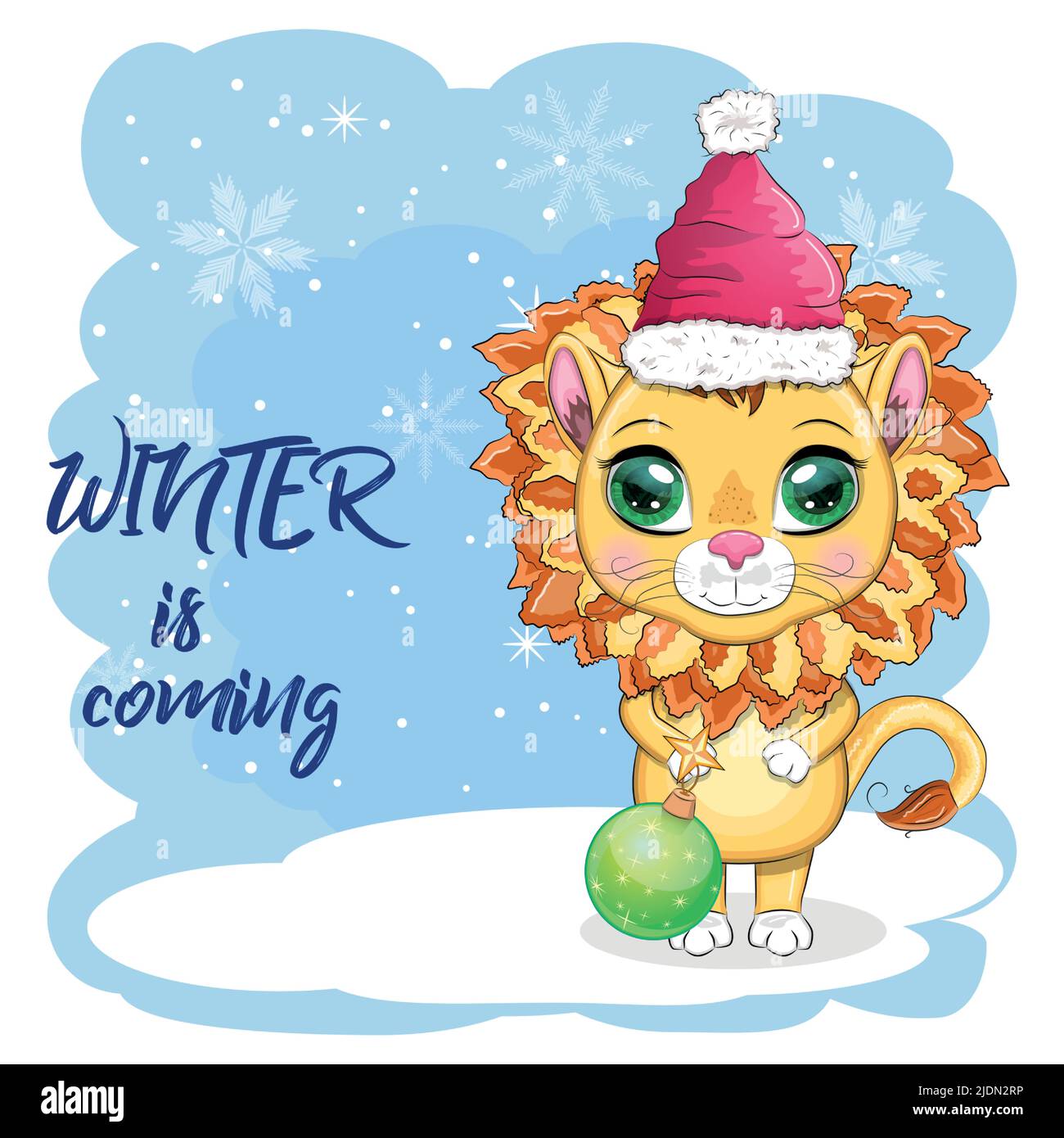 Cartoon lion in winter clothes. Winter is coming. New Year's and ...