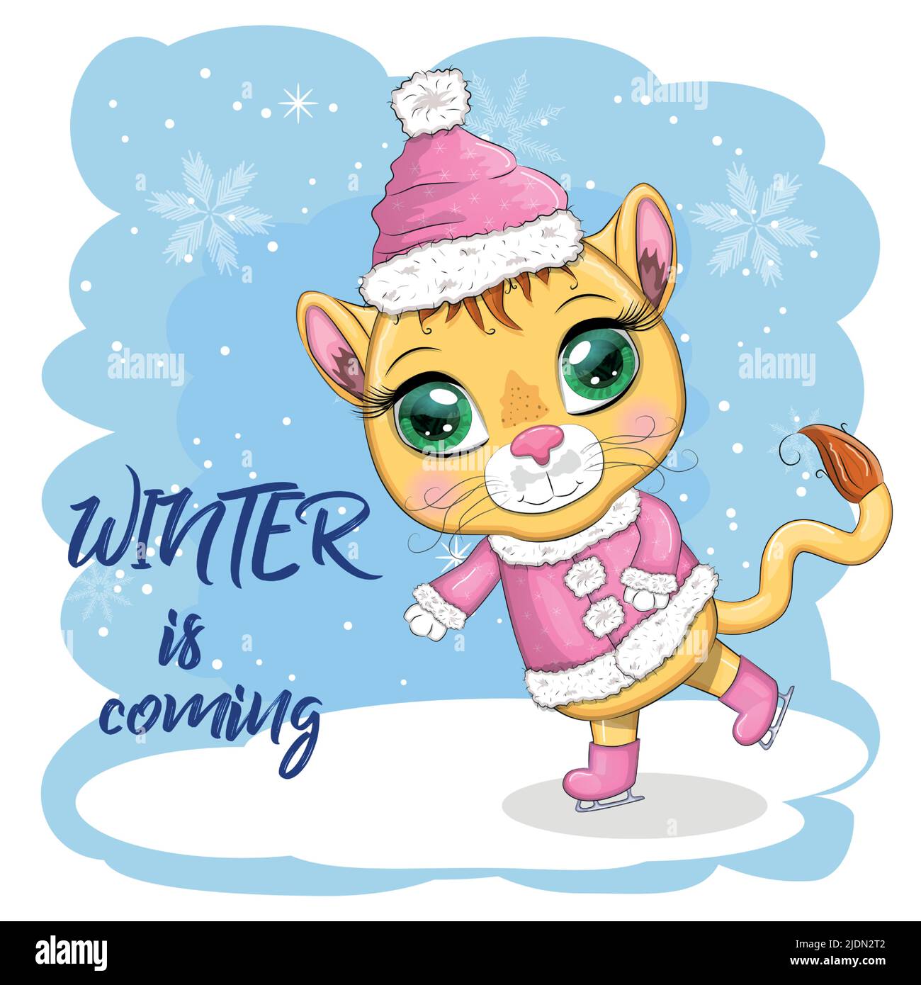 Cartoon lion in winter clothes. Winter is coming. New Year's and ...