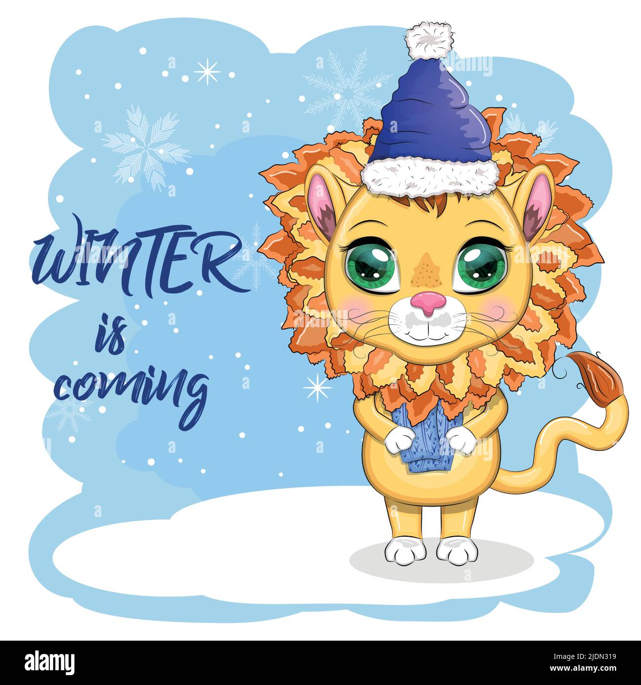 Cartoon lion in winter clothes. Winter is coming. New Year's and ...