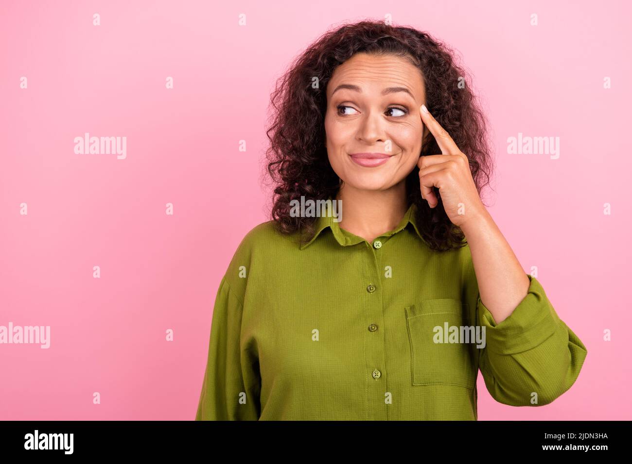 Photo of minded nice positive happy afro american woman look empty ...
