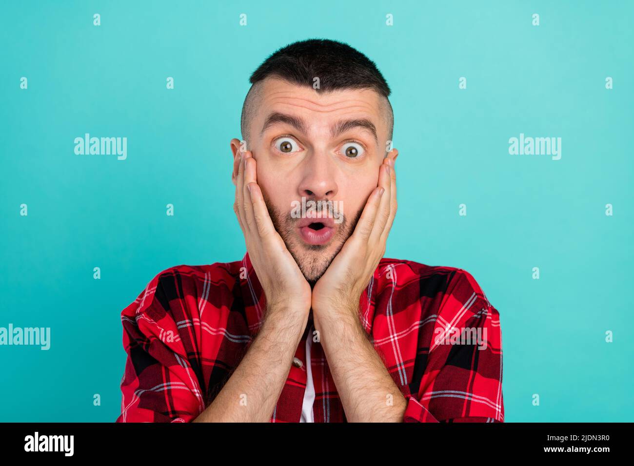 Photo Of Amazed Shocked Man Hold Hands Face Sale News Reaction