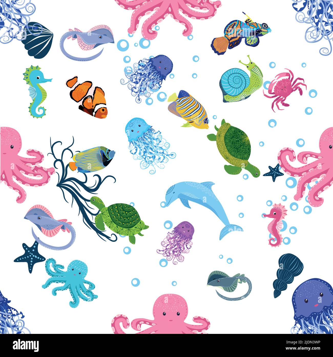 Marine life, fish, animals bright seamless pattern. sea travel ...
