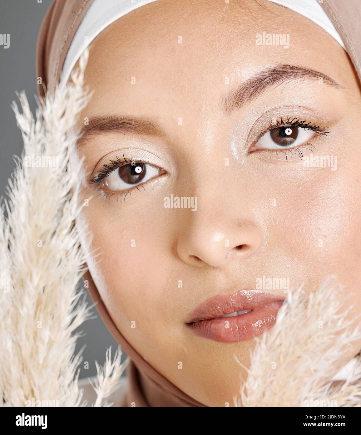 Closeup portrait face of beautiful young muslim woman wearing natural ...