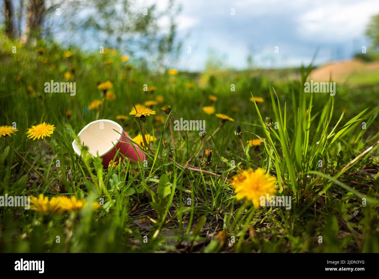 Abandoned garbage plastic and glass waste in nature among the grass ...