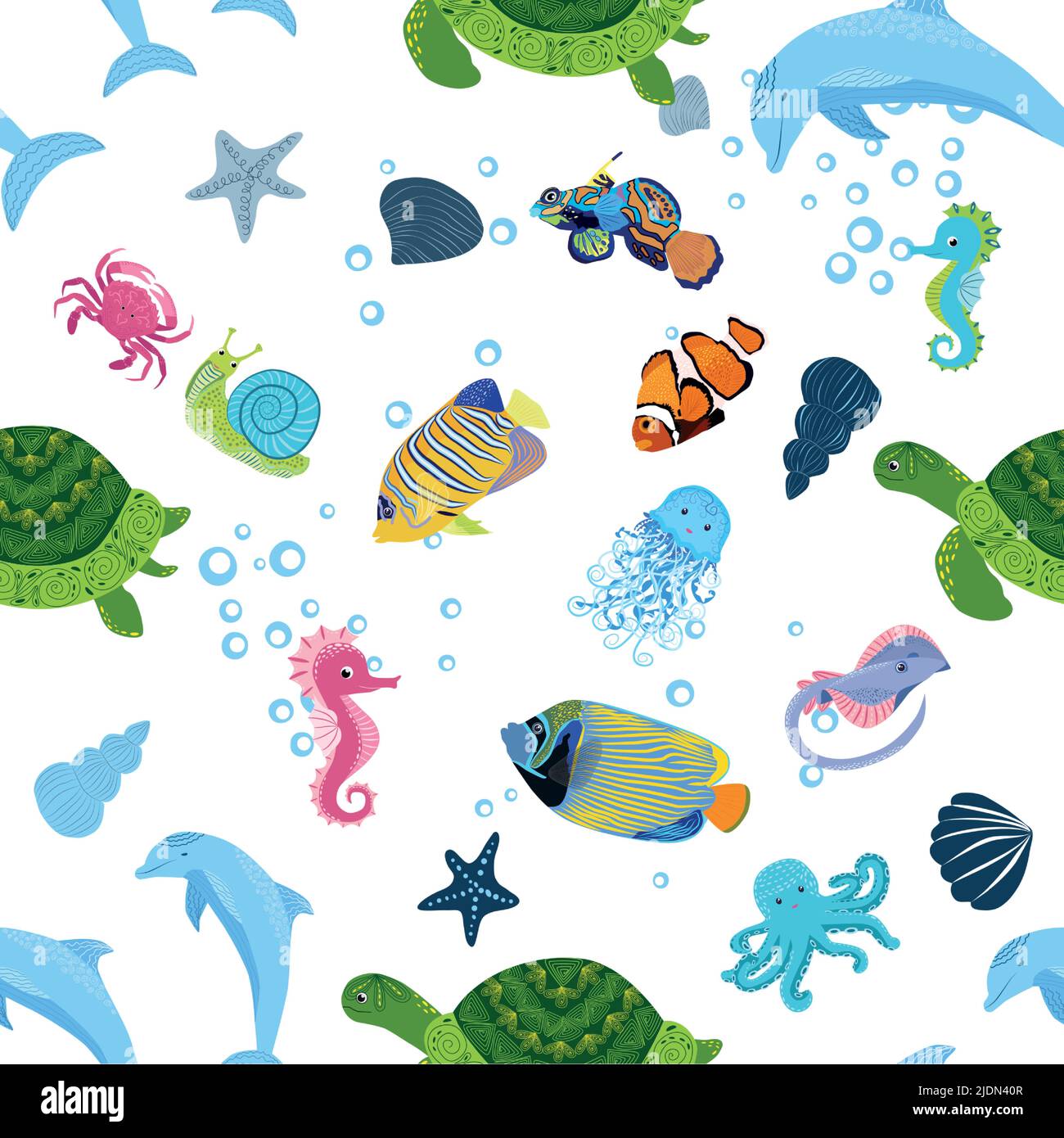 Sea inhabitants seamless pattern, beautiful character among seashells ...