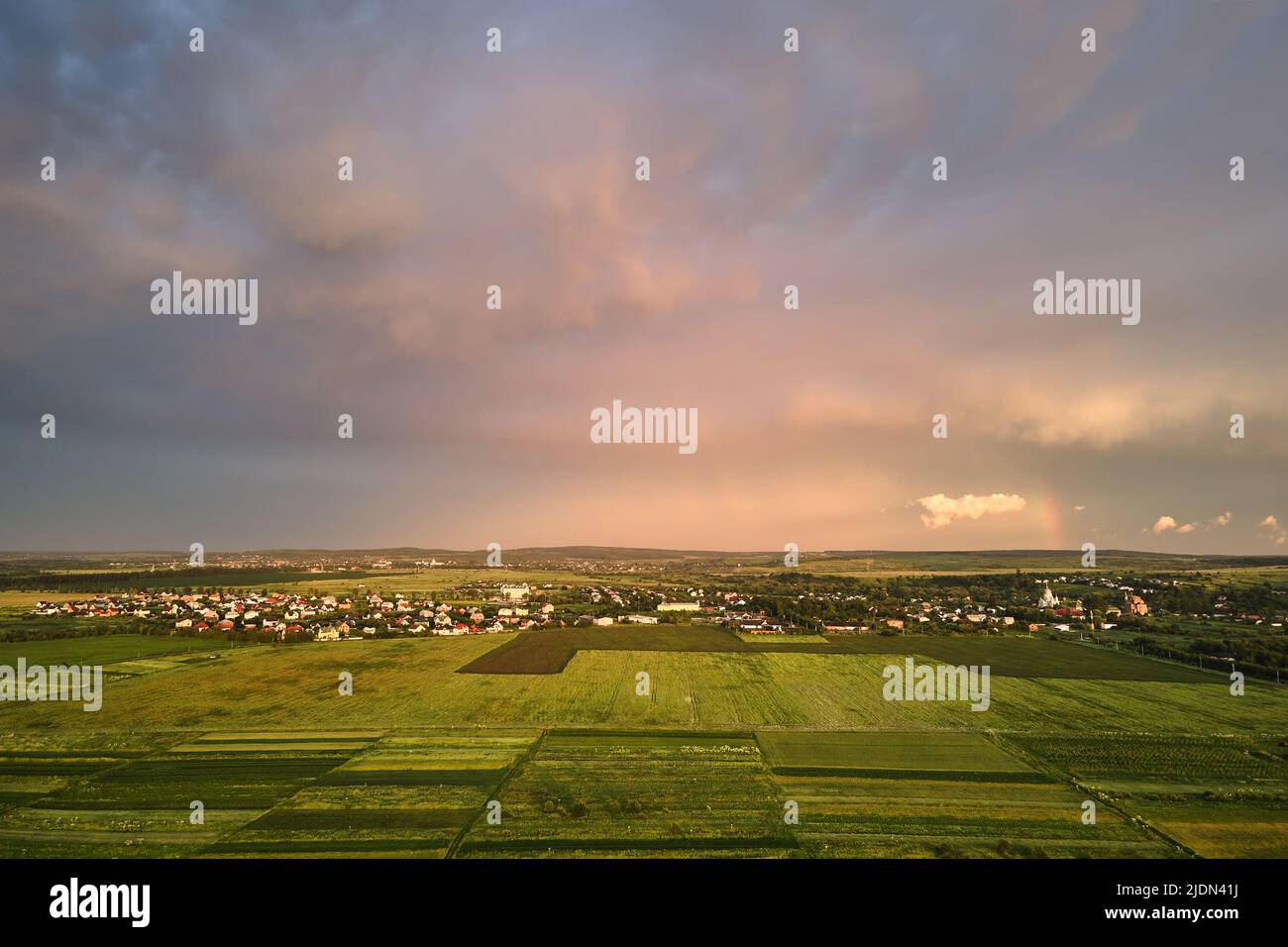 Aerial landscape view of green cultivated agricultural fields with ...