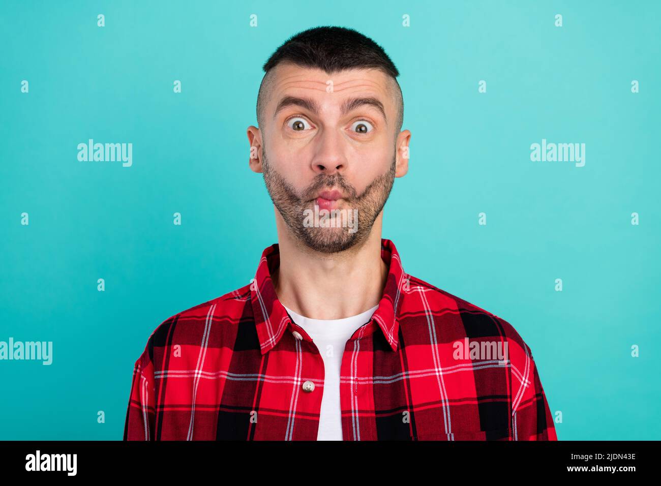 Photo of young happy funky positive fooling man make funny face enjoy ...