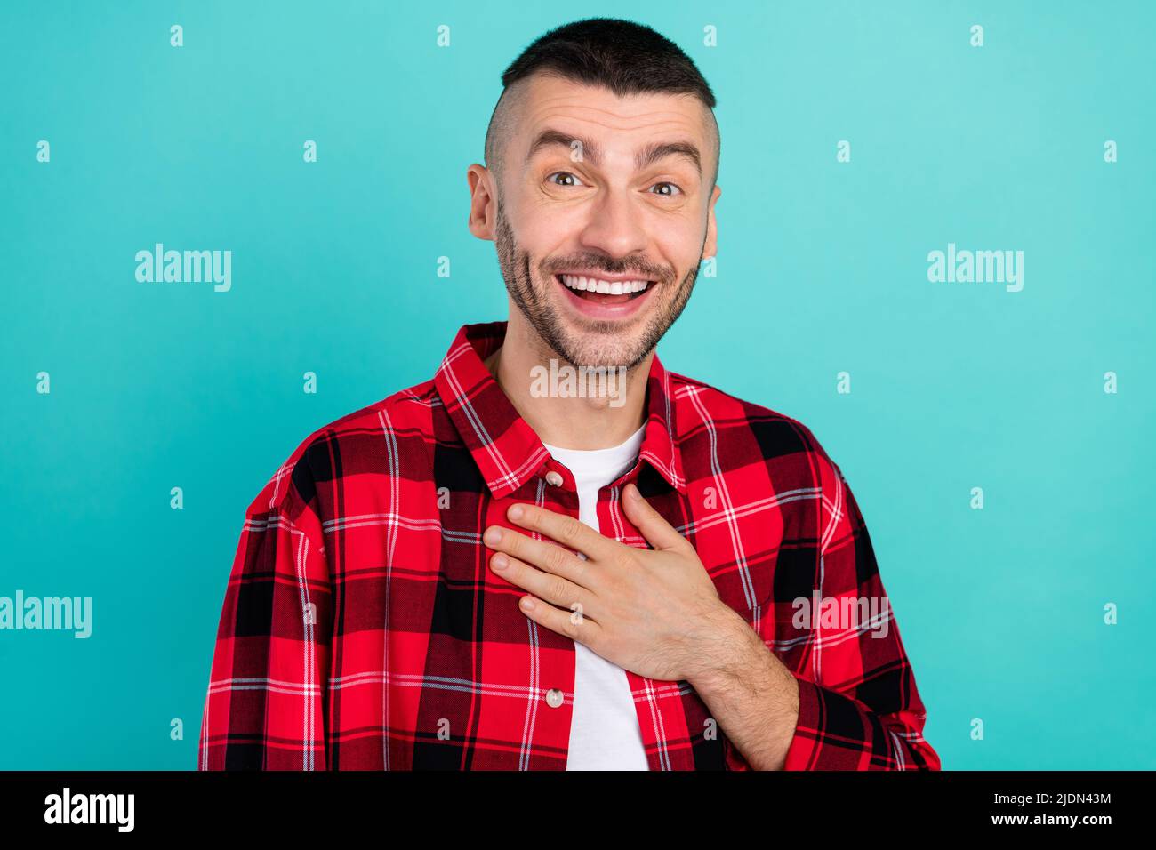 Photo of happy cheerful happy man hold hand chest laugh good mood ...