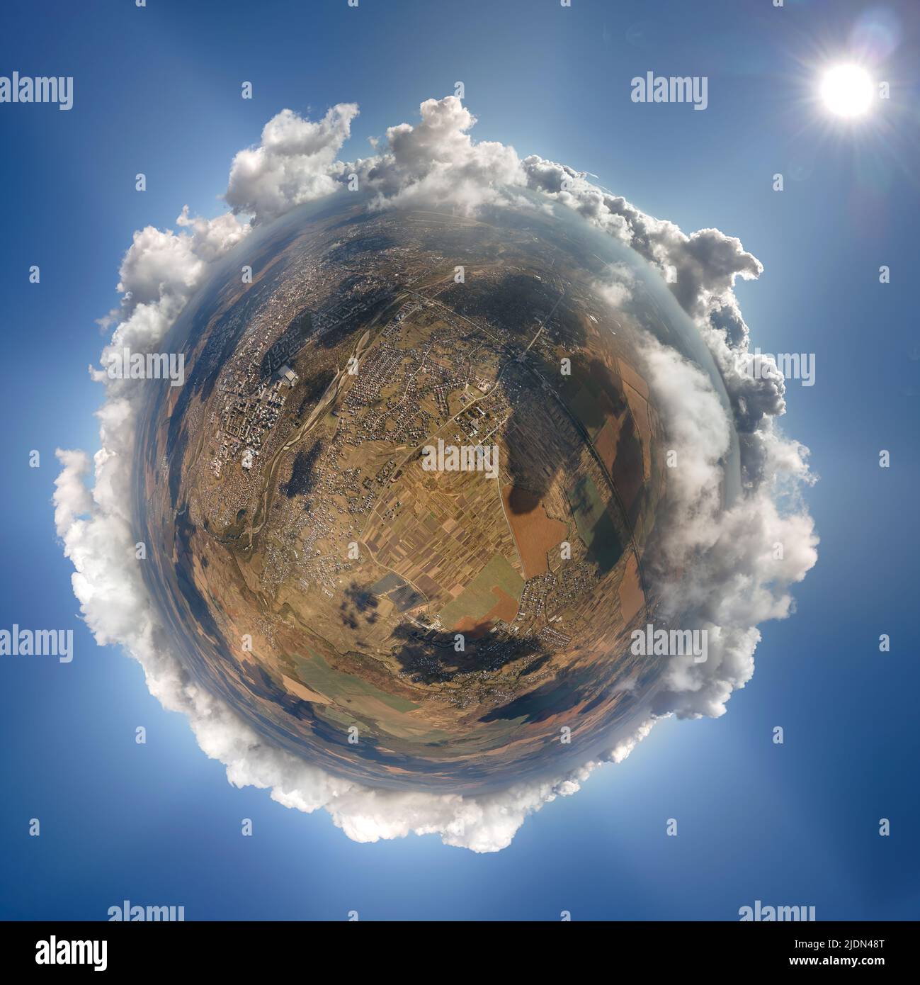 Aerial view from high altitude of little planet earth covered with ...