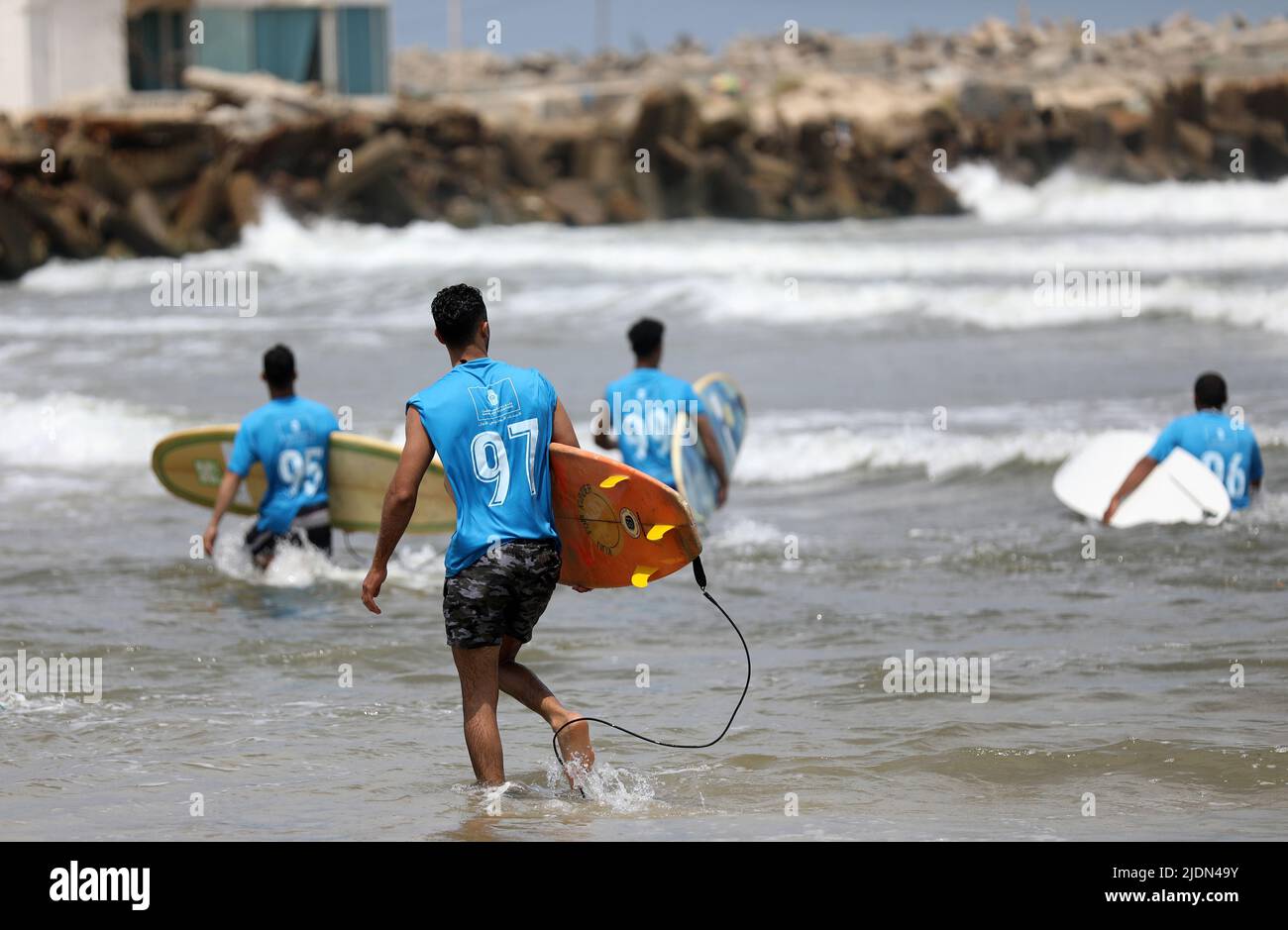 Palestinian Athletes prepare themselves to participate in a surfing ...