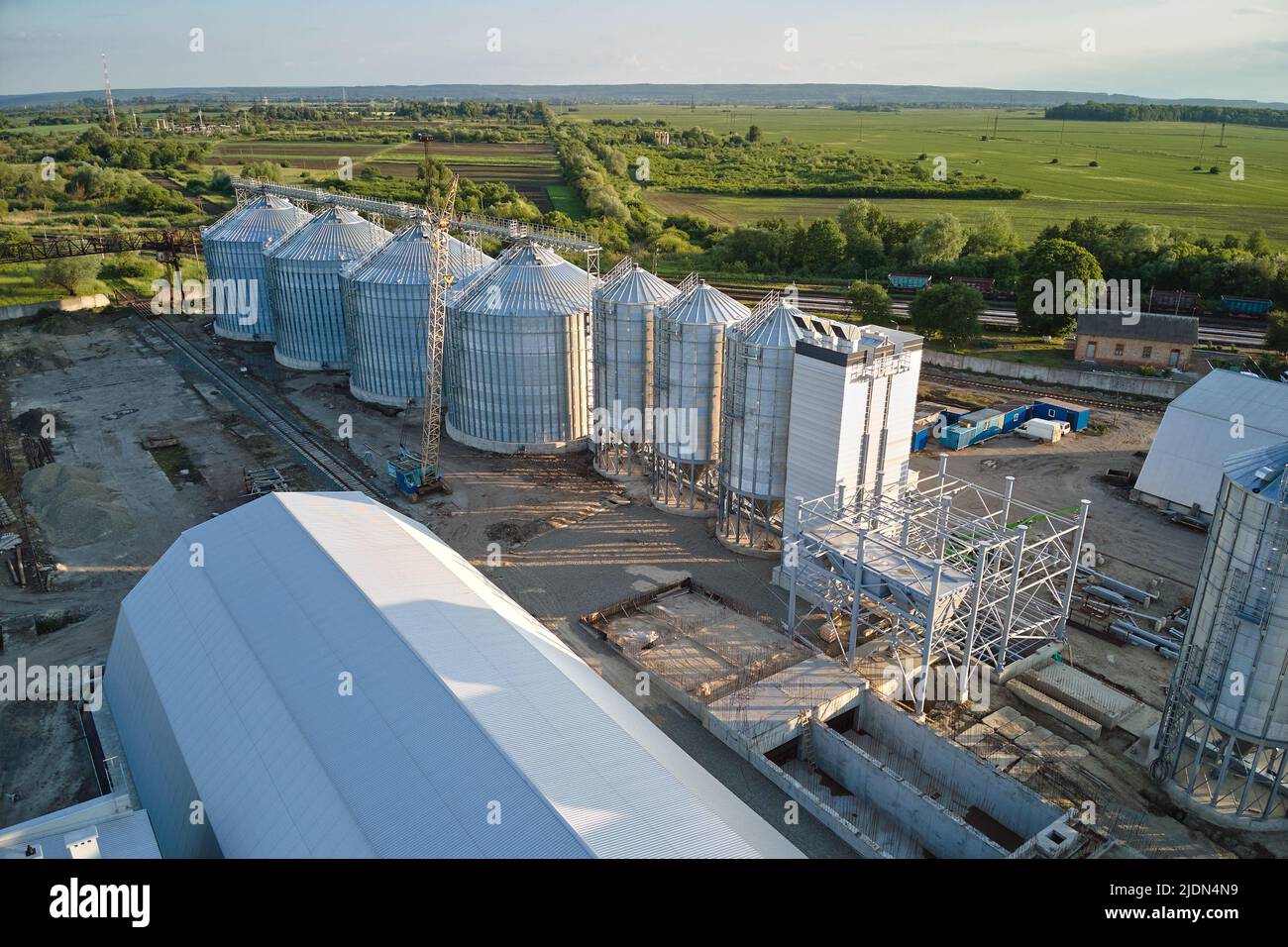 Aerial view of industrial ventilated silos for long term storage of ...