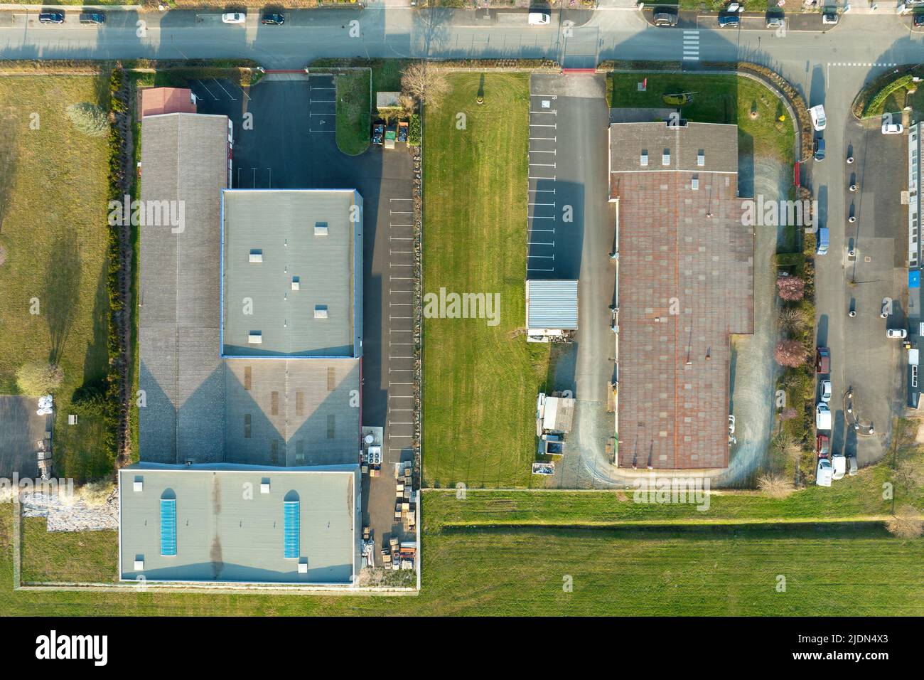Aerial view of modern factory structure for production and distribution ...