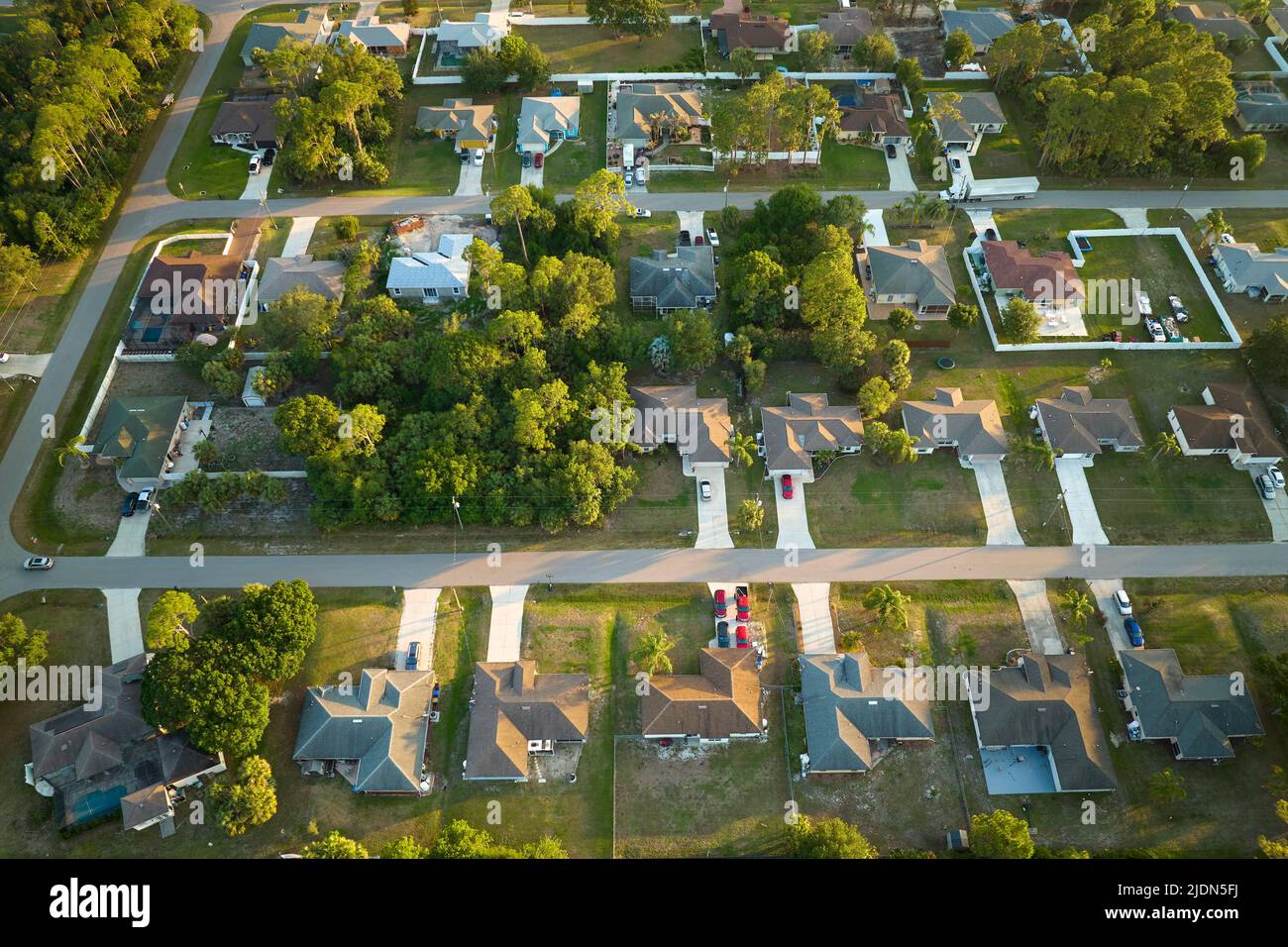 Aerial view of suburban landscape with private homes between green palm ...