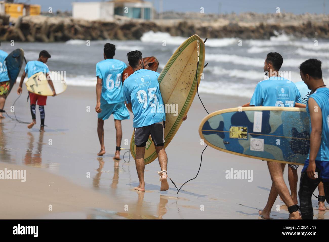 Palestinian Athletes prepare themselves to participate in a surfing ...
