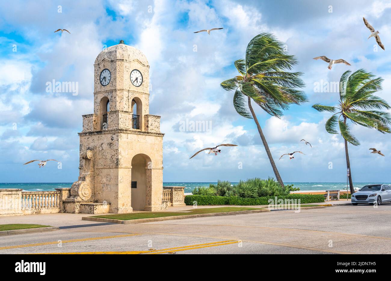 Palm Beach Worth Avenue clock tower Florida USA with seagulls Stock ...